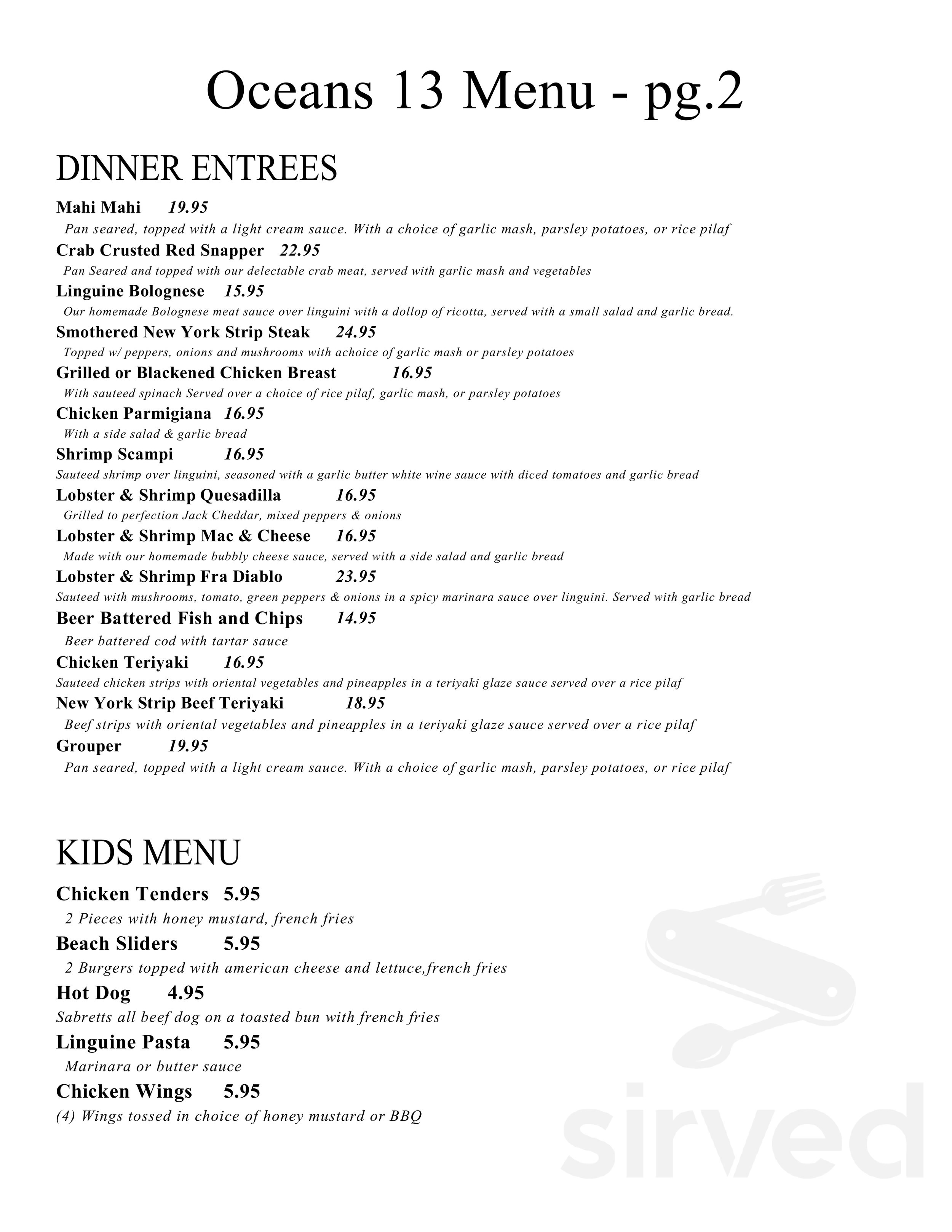 Oceans 13 menu in Hollywood, Florida, USA