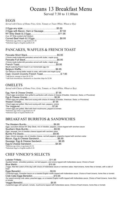 Oceans 13 menu in Hollywood, Florida, USA
