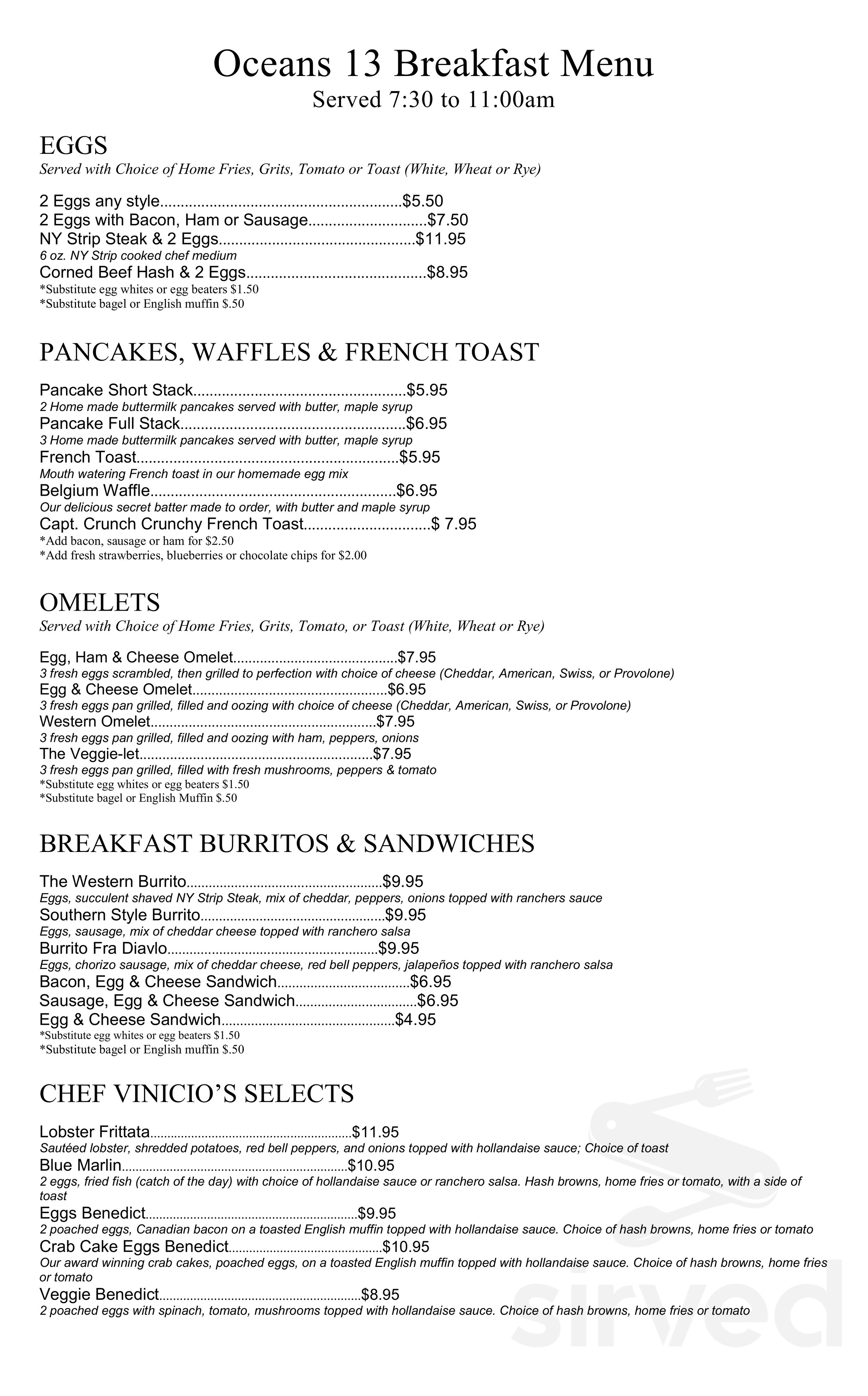 Oceans 13 menu in Hollywood, Florida, USA