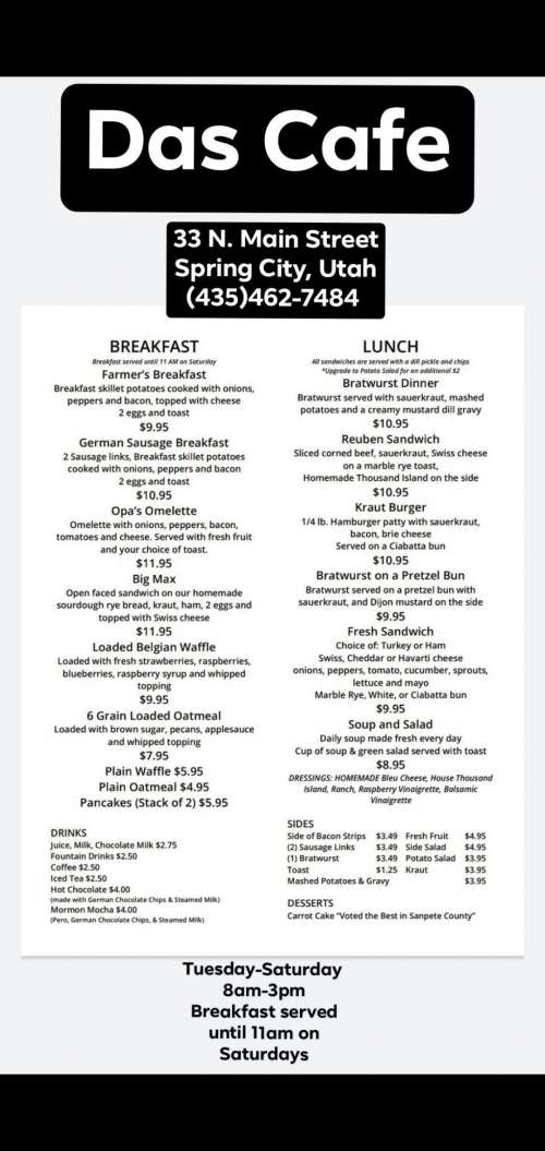 Das Café menu in Spring City, Utah, USA