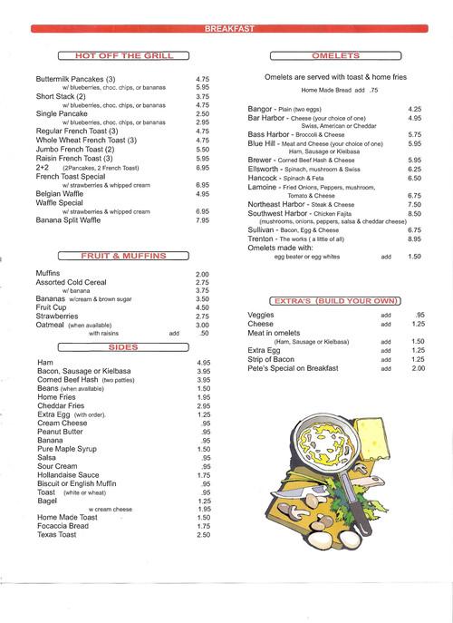Martha's Diner menu in Ellsworth, Maine, USA