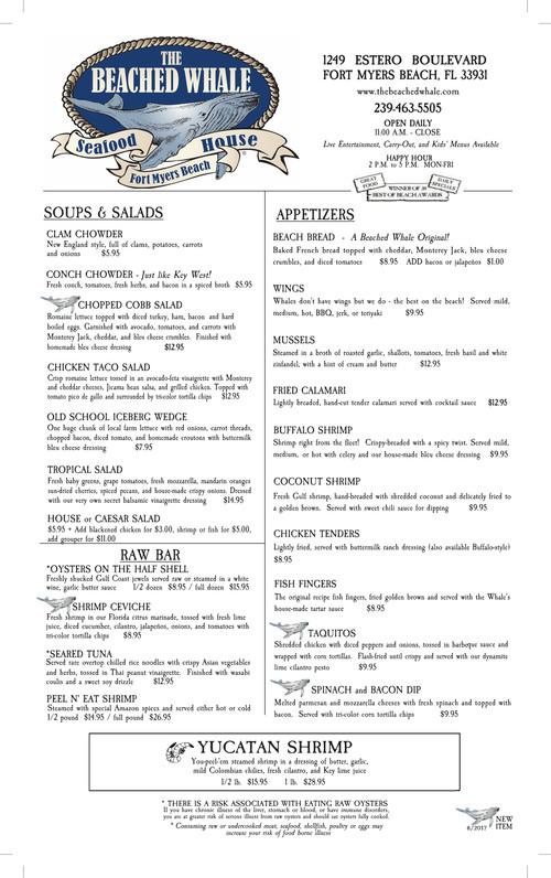 The Whale menu in Fort Myers Beach, Florida, USA