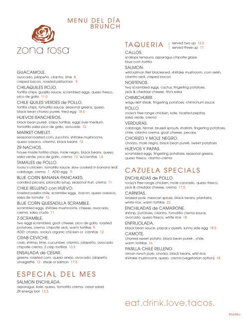 Zona Rosa menu in San Jose, California, USA