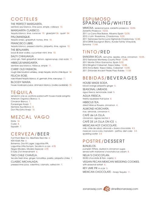 Zona Rosa menu in San Jose, California, USA