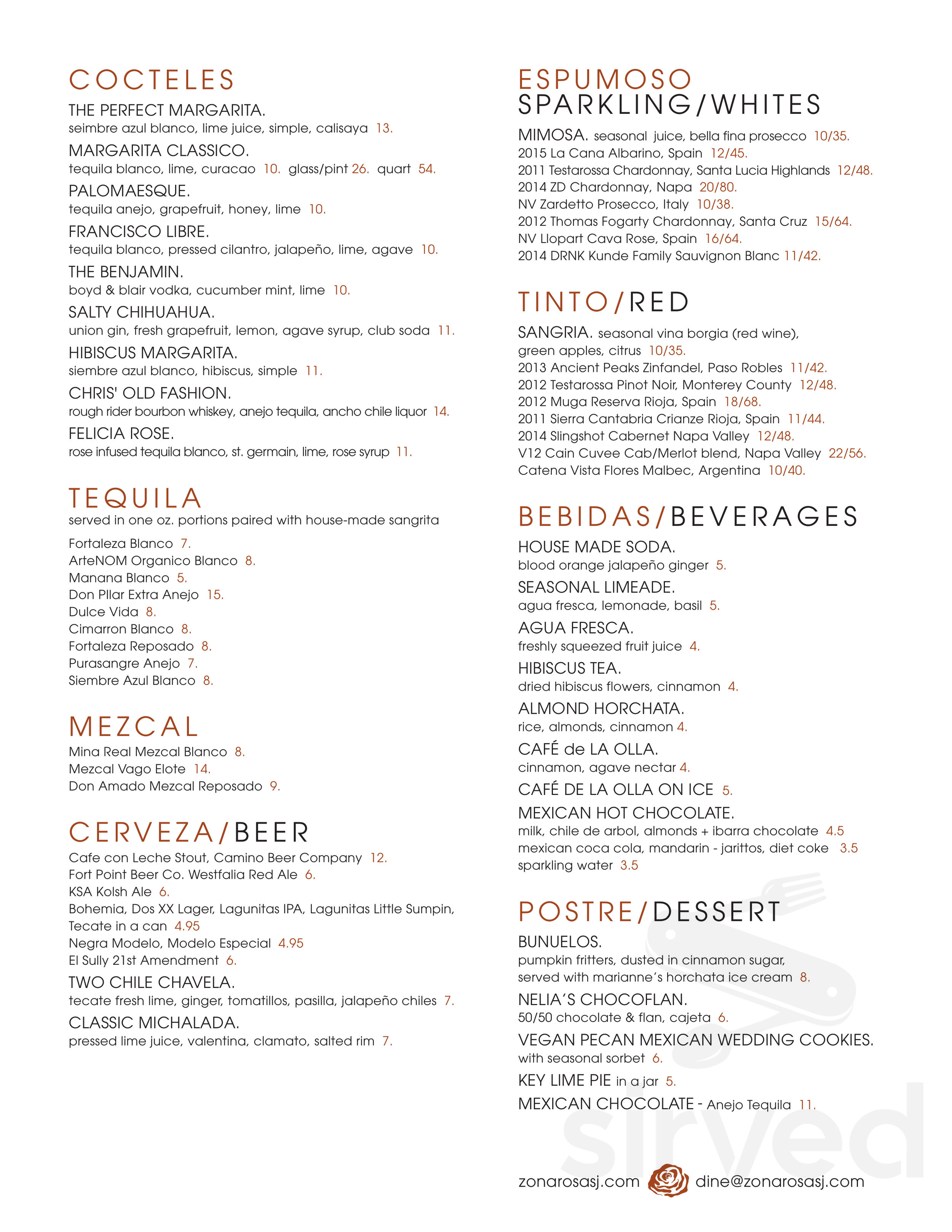 Zona Rosa menu in San Jose, California, USA