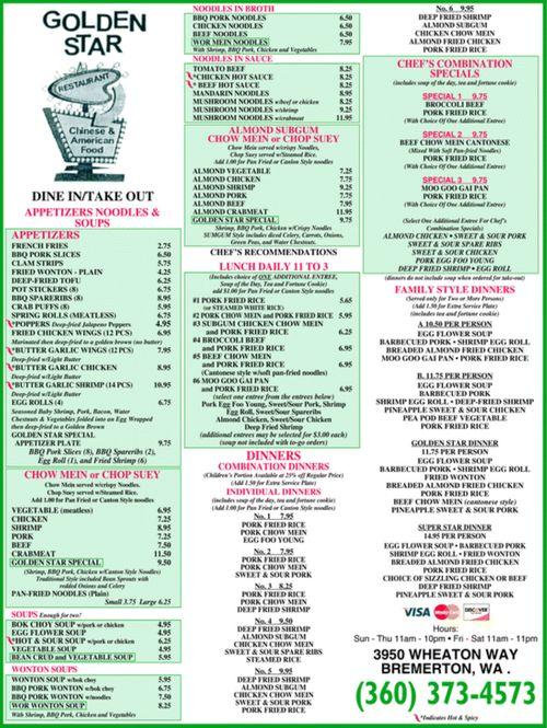 Golden Star Chinese & American Restaurant menu in Bremerton, Washington ...