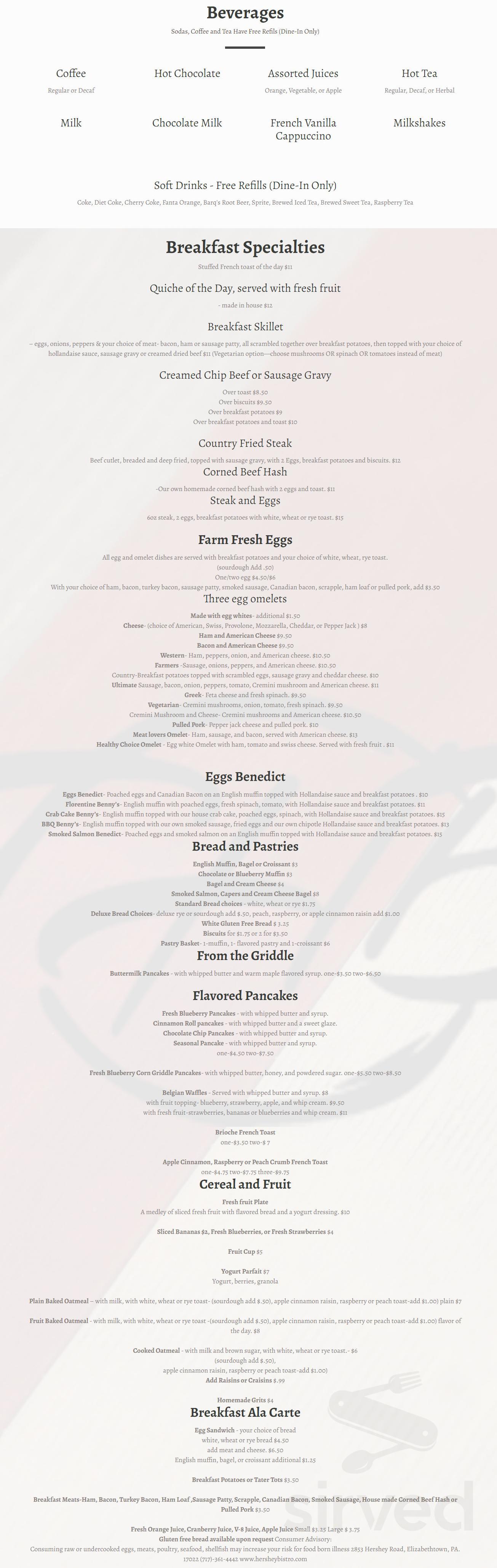 The Hershey Bistro menu in Elizabethtown, Pennsylvania, USA
