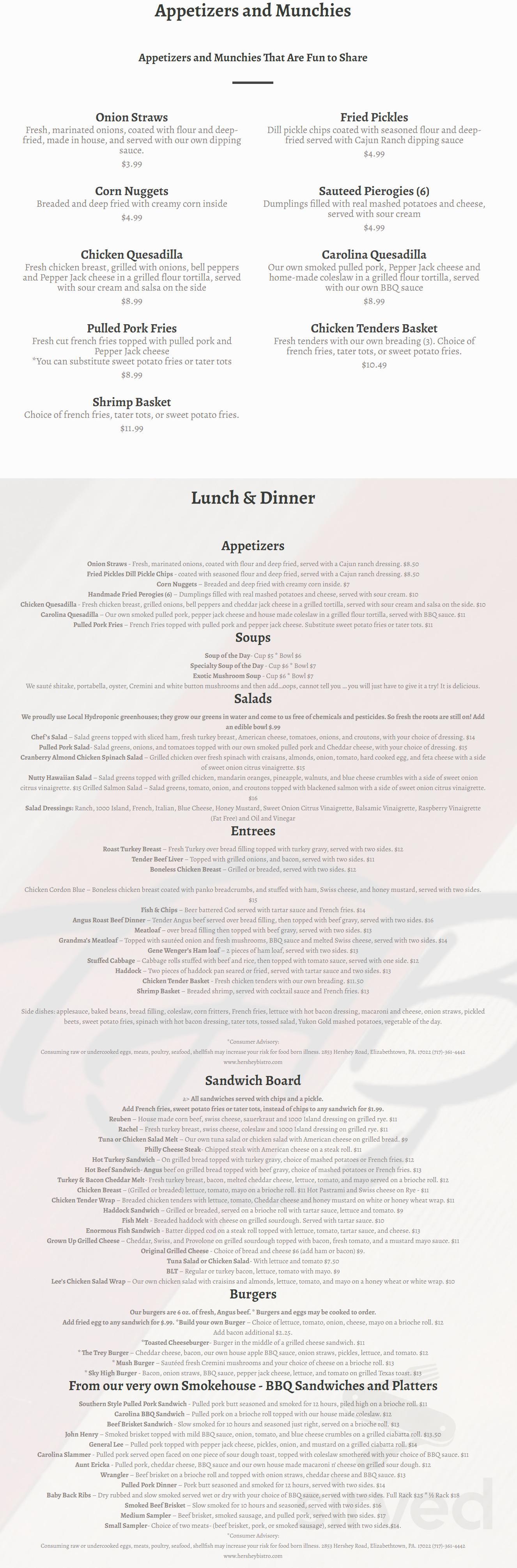 The Hershey Bistro menu in Elizabethtown, Pennsylvania, USA