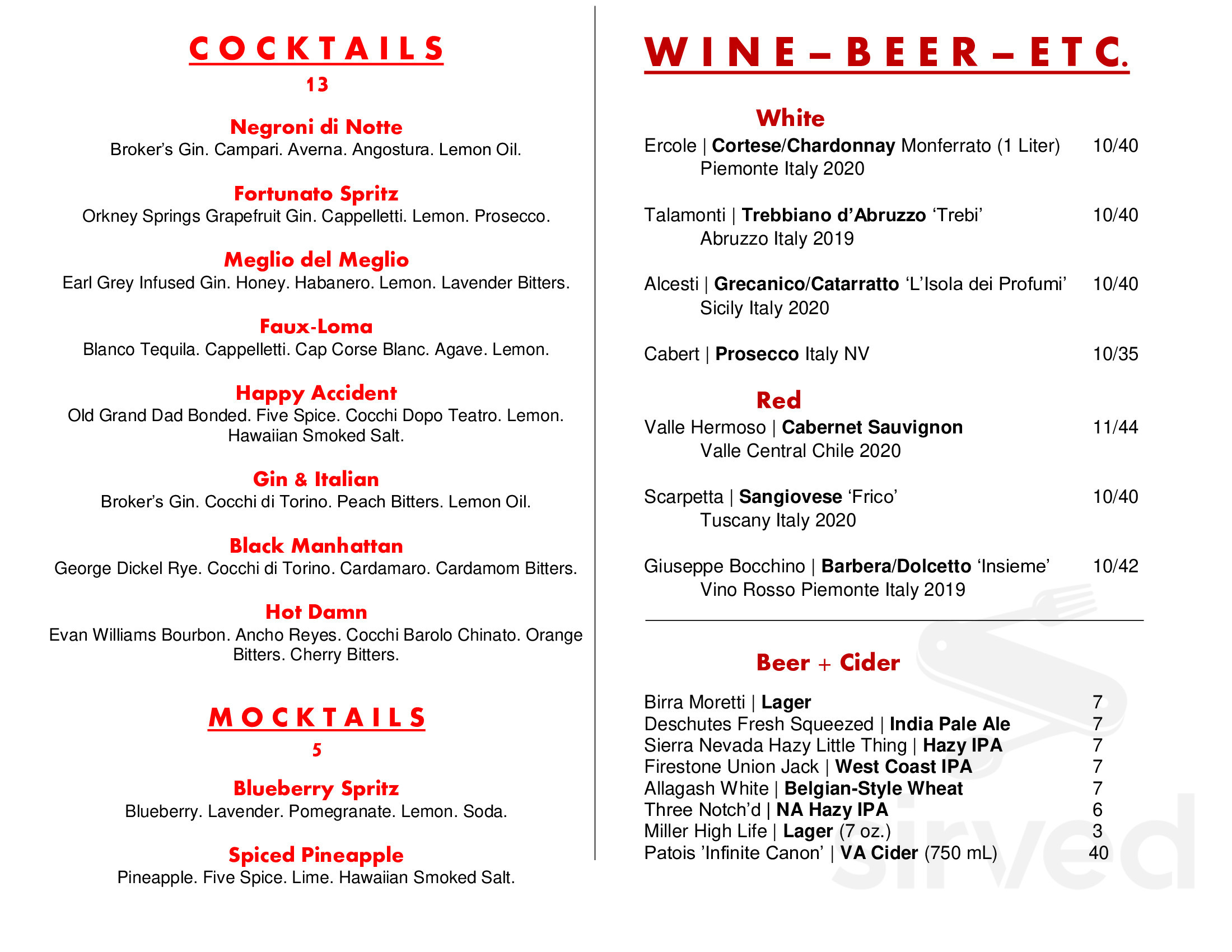 Stellina menu in Roanoke, Virginia, USA