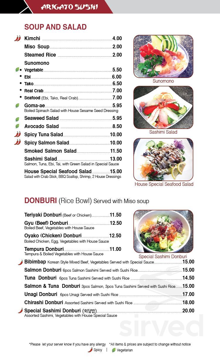 Menu for Arigato Sushi in Kamloops, BC | Sirved