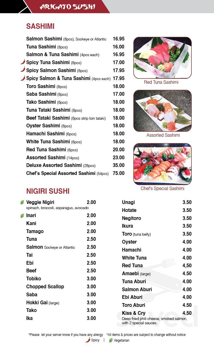 Arigato Sushi menu in Kamloops, British Columbia, Canada