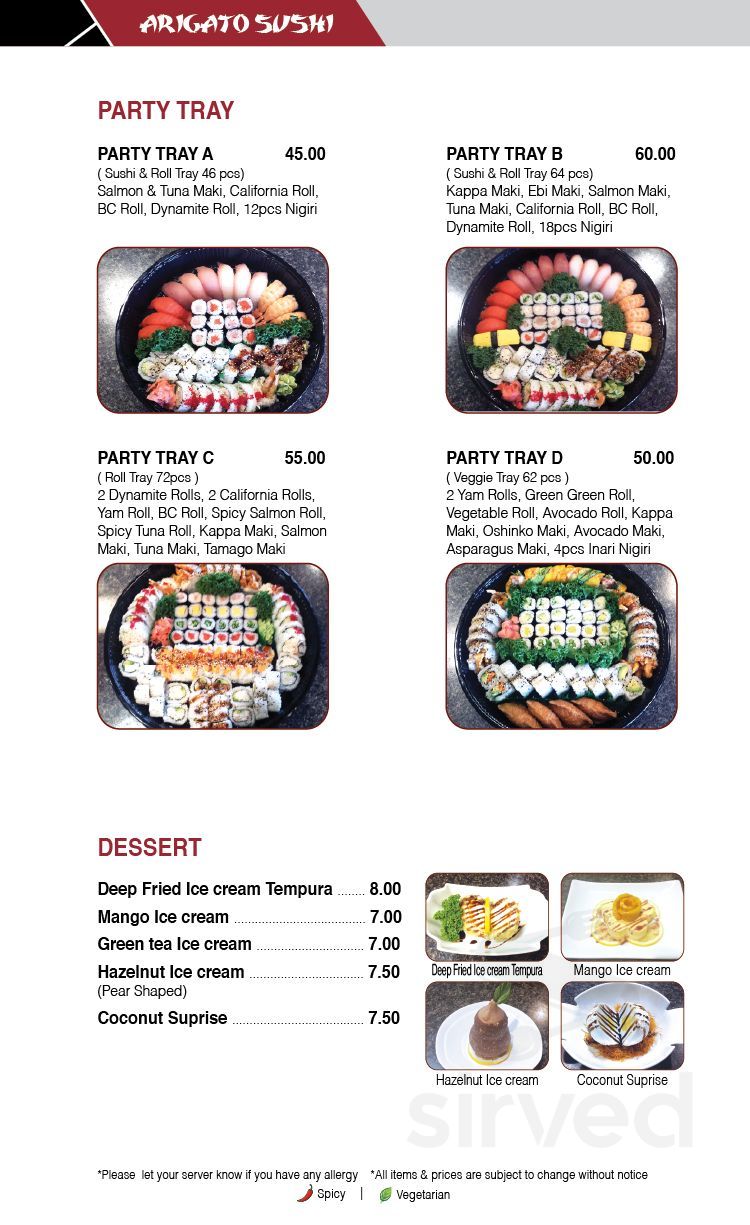 Arigato Sushi menu in Kamloops, British Columbia, Canada