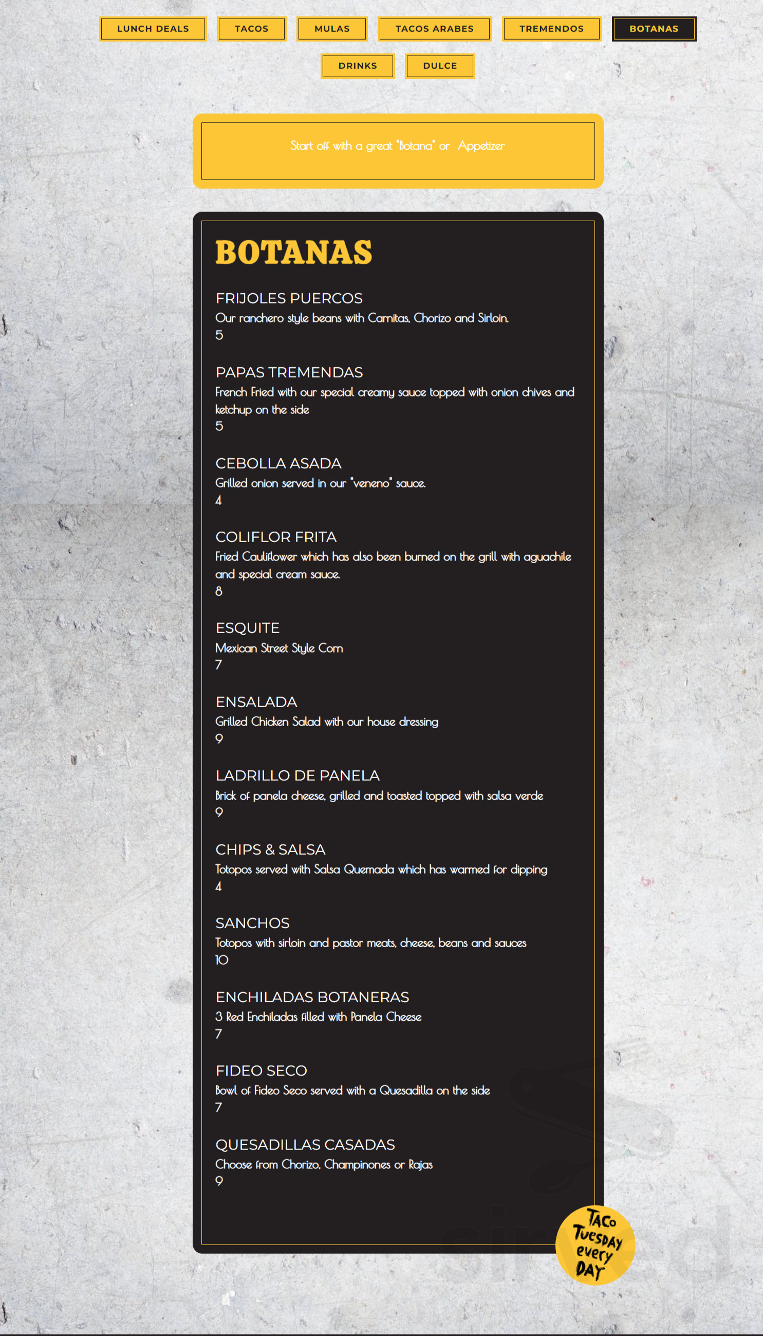 Tremendo Taco menu in Laredo, Texas, USA