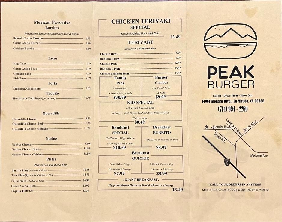 Peak Burger menus in La Mirada, California, United States