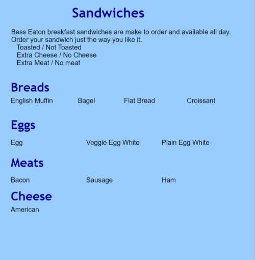 Bess Eaton menu in Pawcatuck, Connecticut, USA
