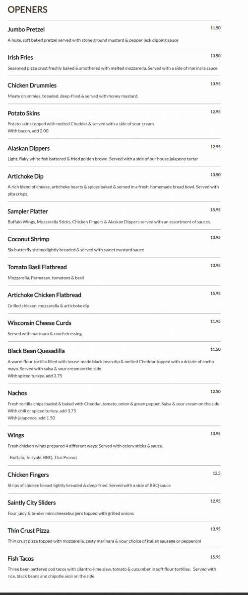 Patrick McGovern's Pub menu in St Paul, Minnesota, USA