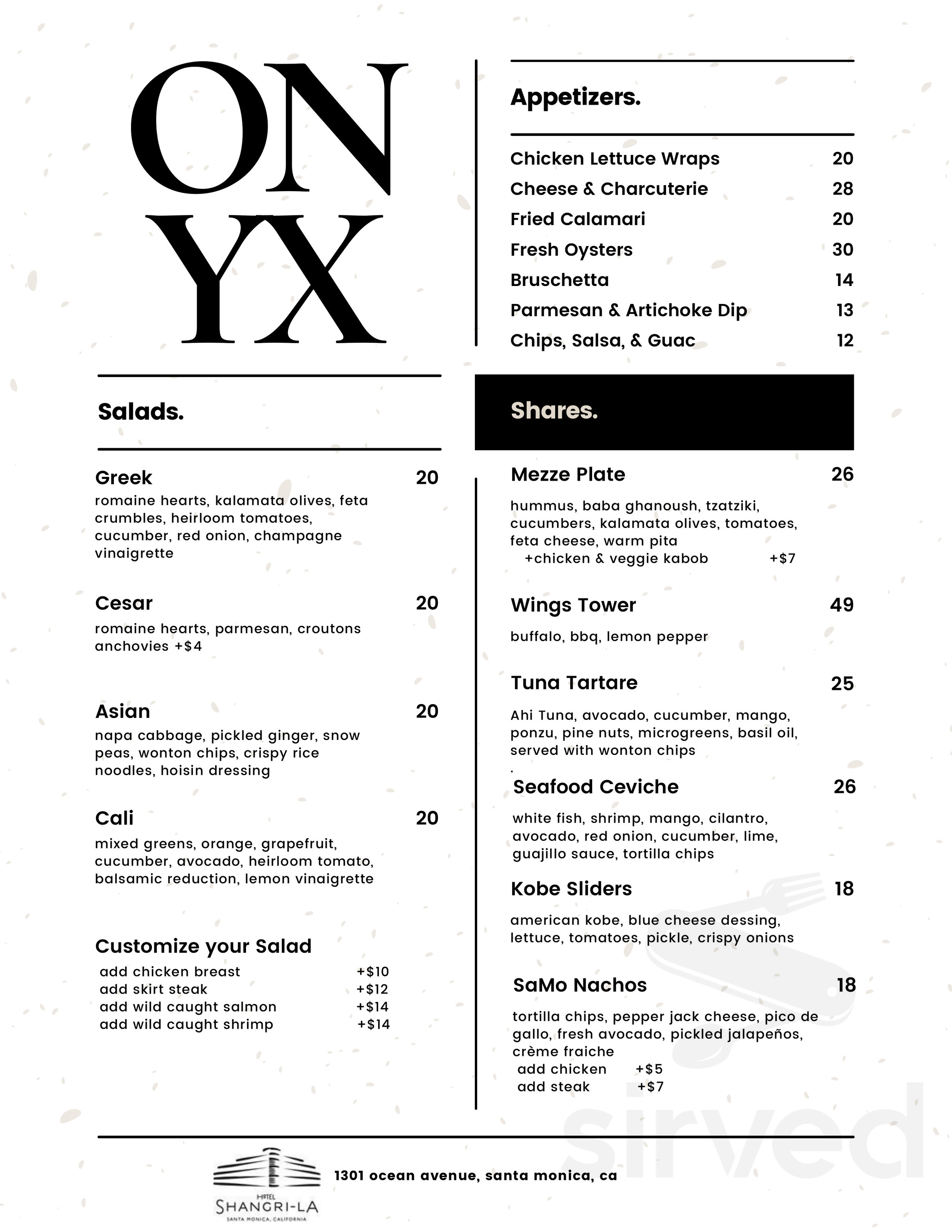 ONYX Rooftop Bar menu in Santa Monica, California, USA