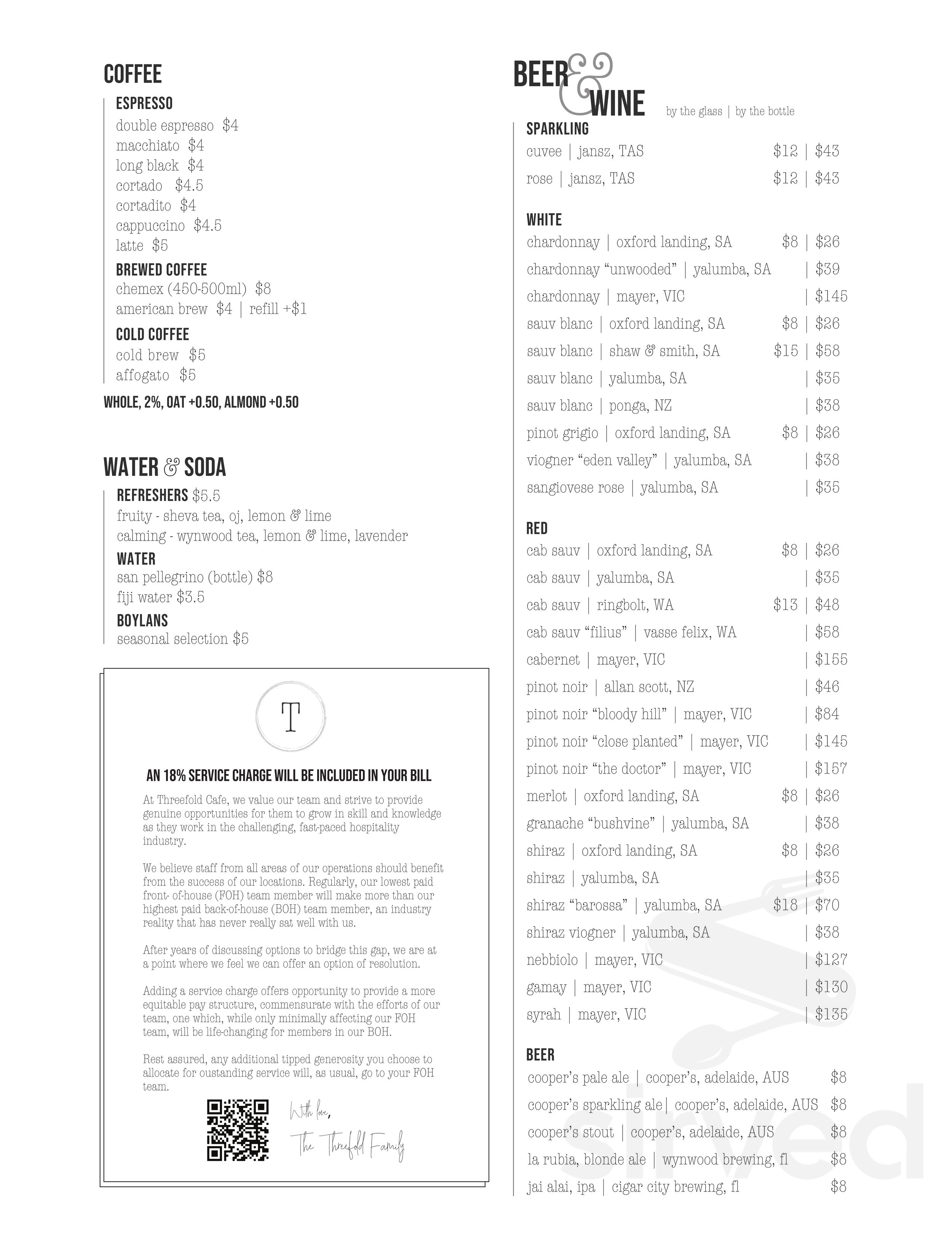 Threefold Cafe menu in Coral Gables, Florida, USA