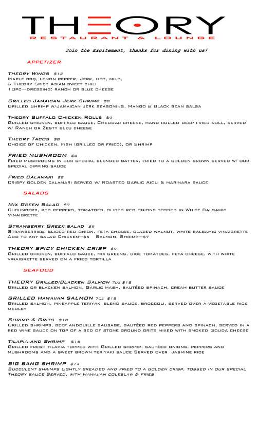 Theory Restaurant & Lounge menu in Duluth, Georgia, USA