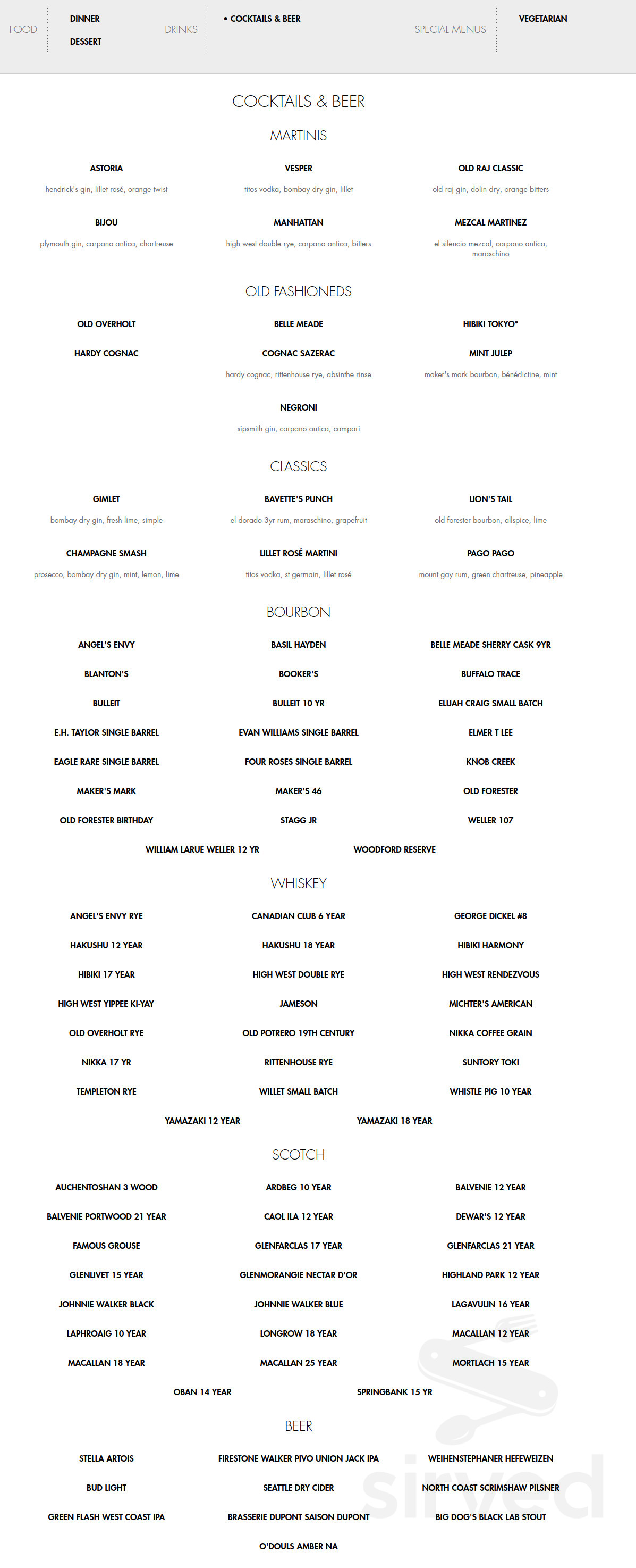 Bavette's Steakhouse & Bar menu in Las Vegas, Nevada, USA