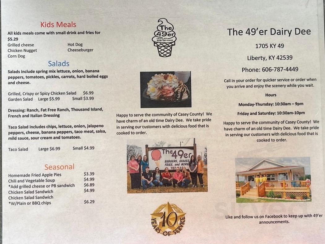 49ER menu in Liberty, Kentucky, USA