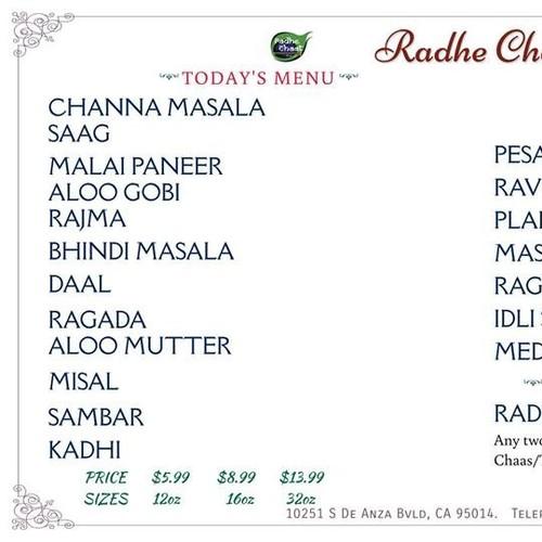 Radhe Chaat Express menu in Sunnyvale, California, USA