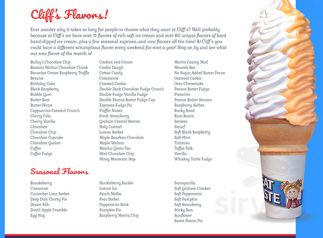 Cliff's Homemade Ice Cream menu in Ledgewood, New Jersey, USA