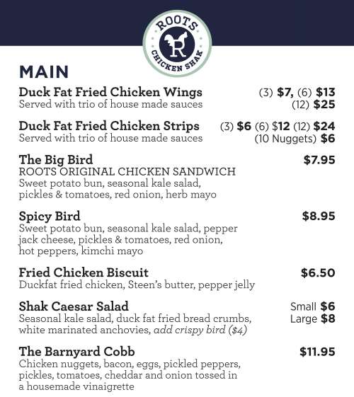 Roots Chicken Shak menu in Austin, Texas, USA