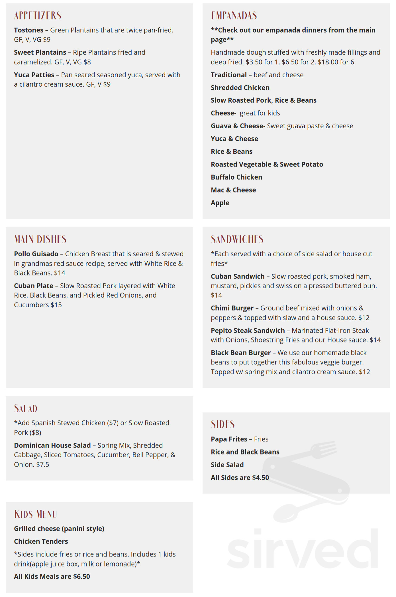 Menu - Pittsburgh PA's Zorros Restaurant | Sirved