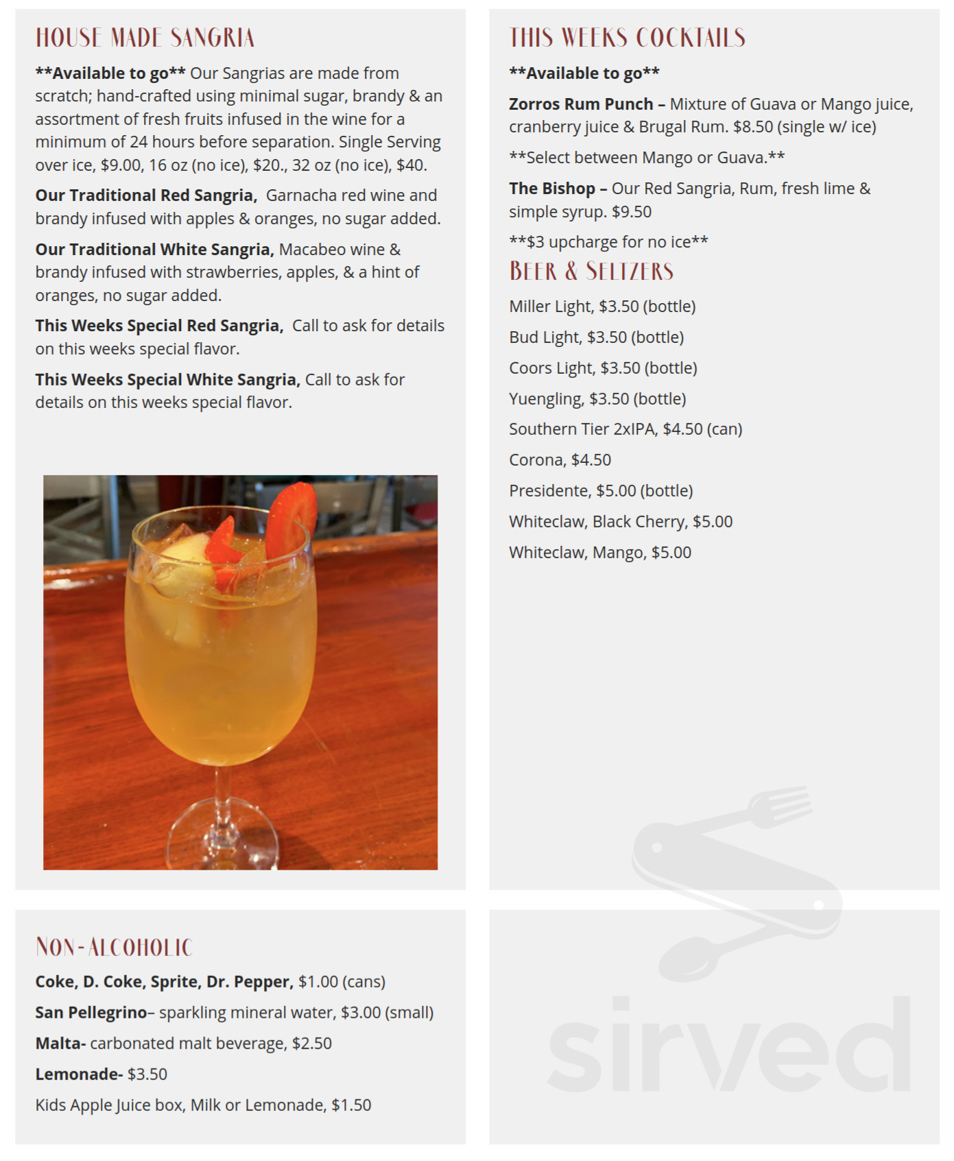 Menu - Pittsburgh PA's Zorros Restaurant | Sirved