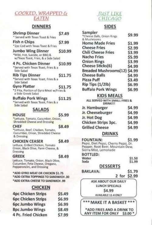 Chicago Pizzeria menu in Peoria, Illinois, USA