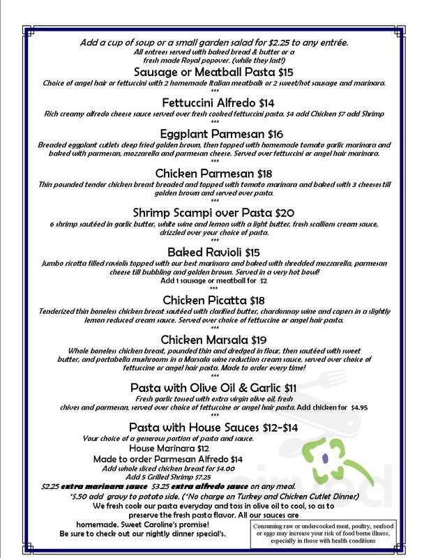 Sweet Caroline's menu in West Rutland, Vermont, USA