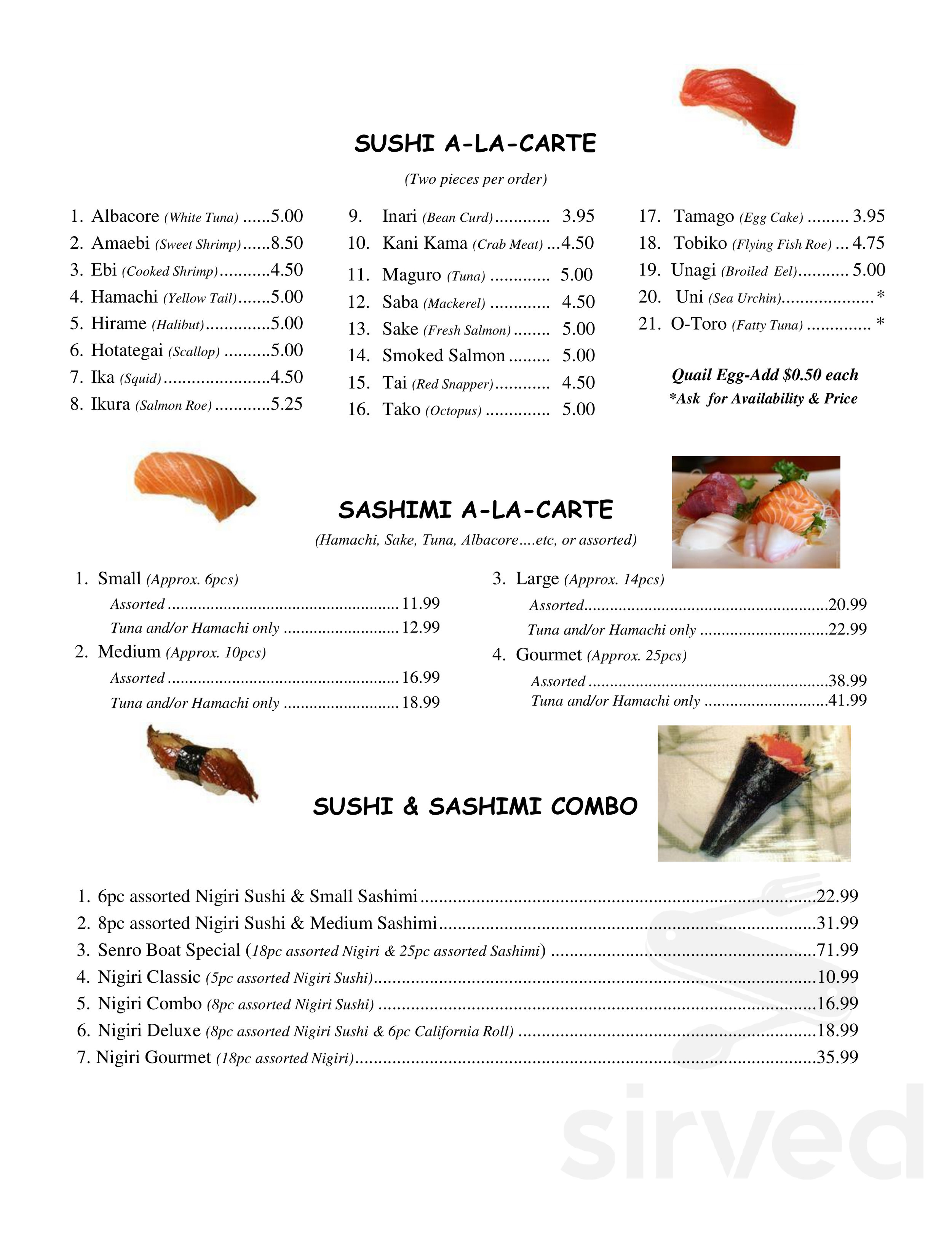 Senro Sushi menu in Pleasanton, California, USA