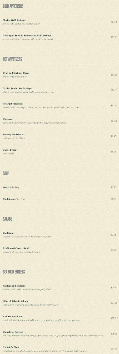 Bluffers Restaurant & Event Centre menu in Scarborough, Ontario, Canada