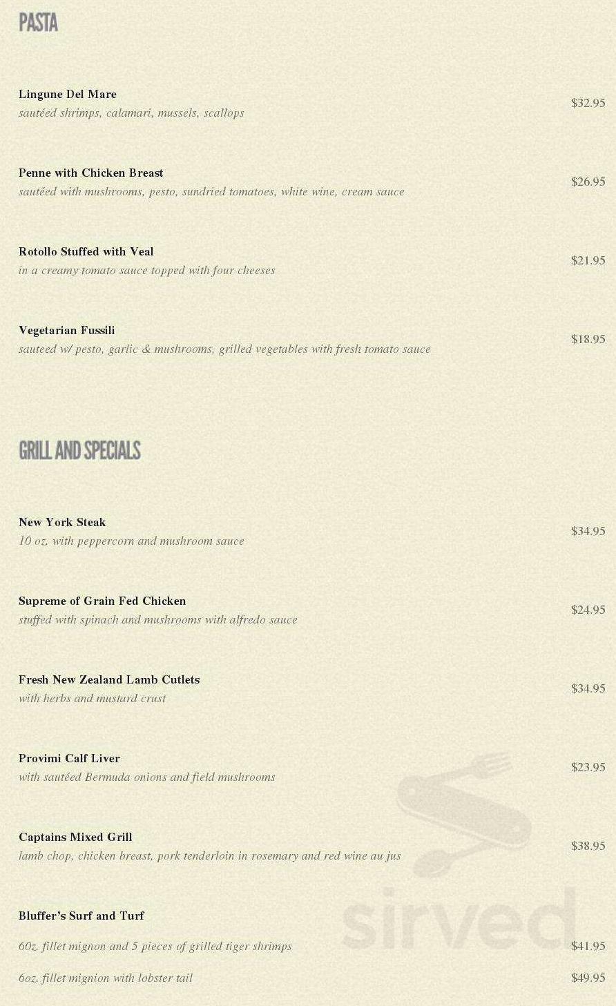 Bluffers Restaurant & Event Centre menu in Scarborough, Ontario, Canada