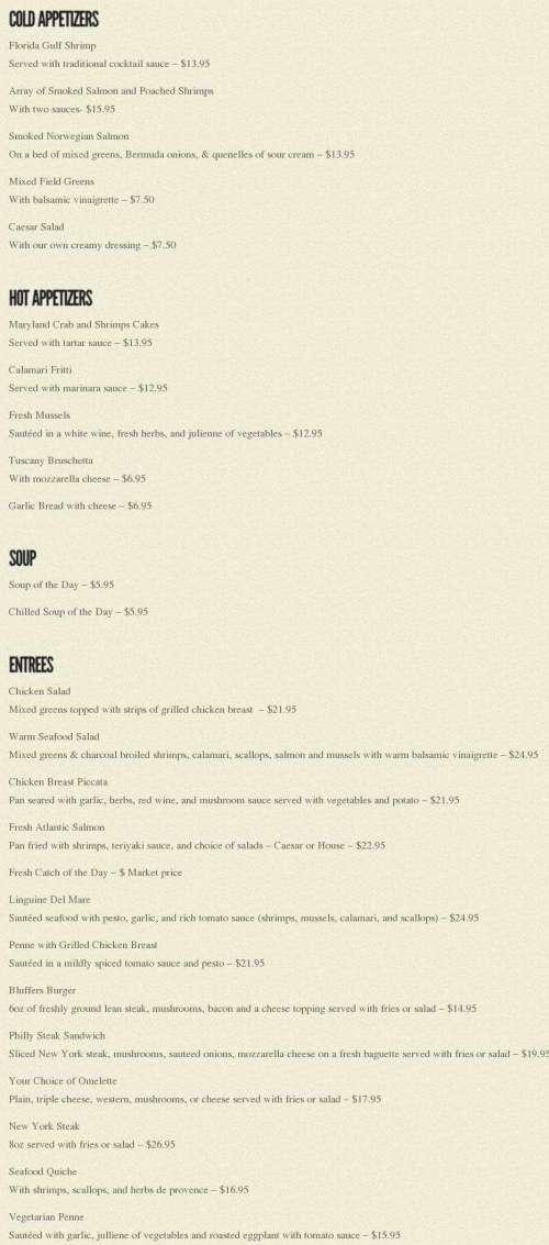 Bluffers Restaurant & Event Centre menu in Scarborough, Ontario, Canada