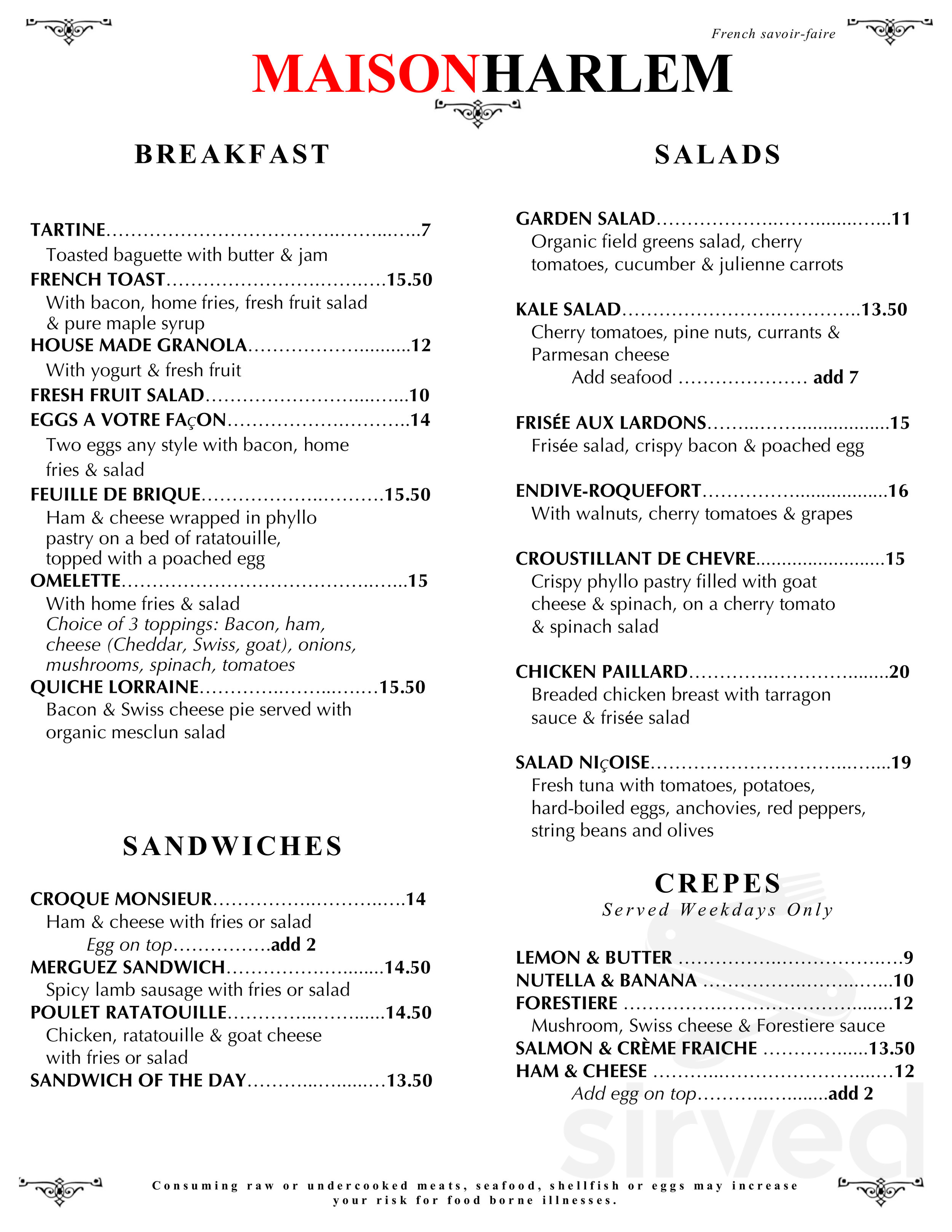 Maison Harlem menu in New York, New York, USA