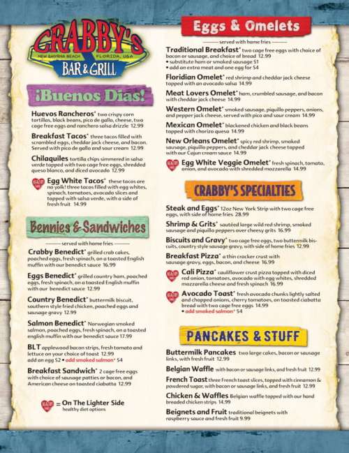 Crabby's Bar & Grill NSB menu in New Smyrna Beach, Florida, USA