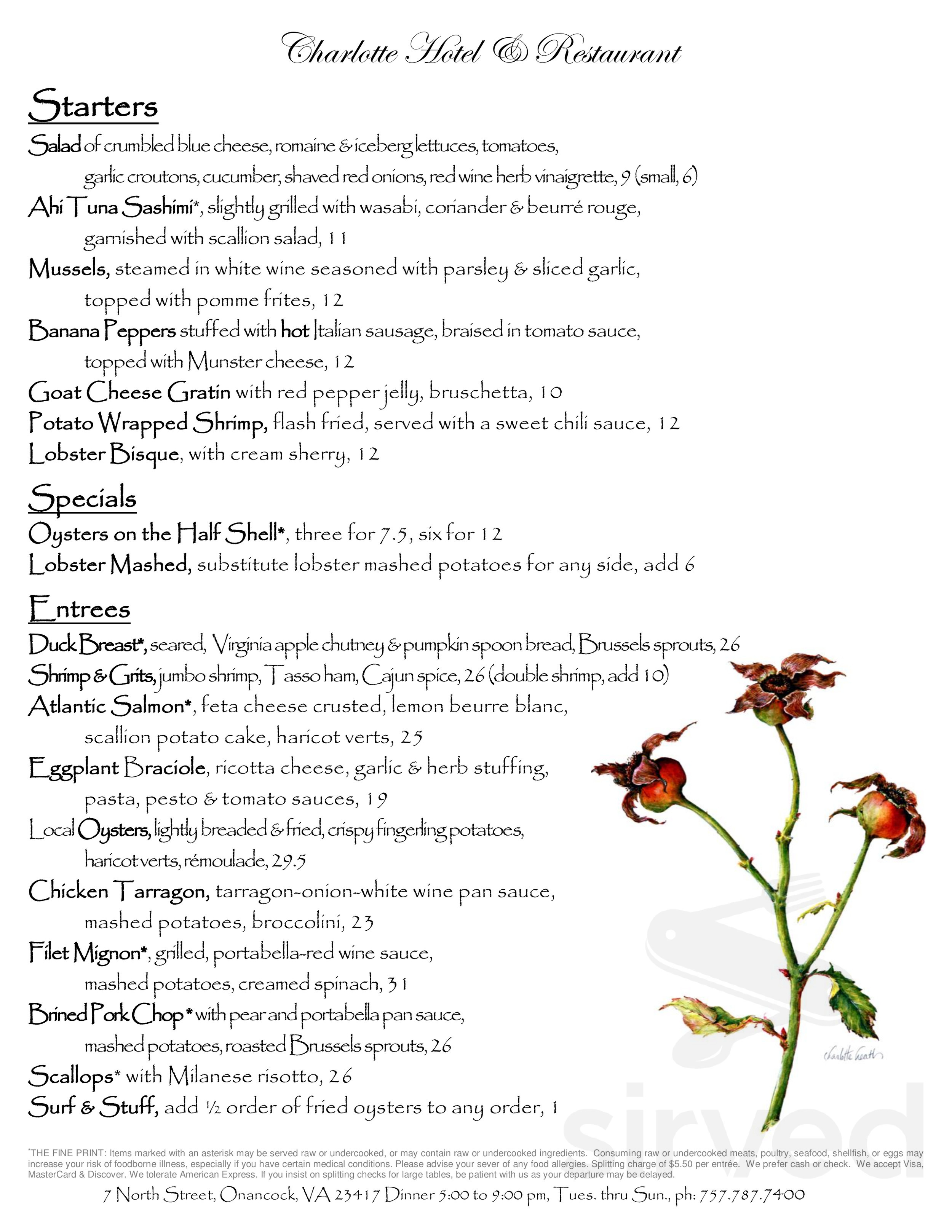Menu - Onancock VA's the Charlotte Hotel & Restaurant | Sirved