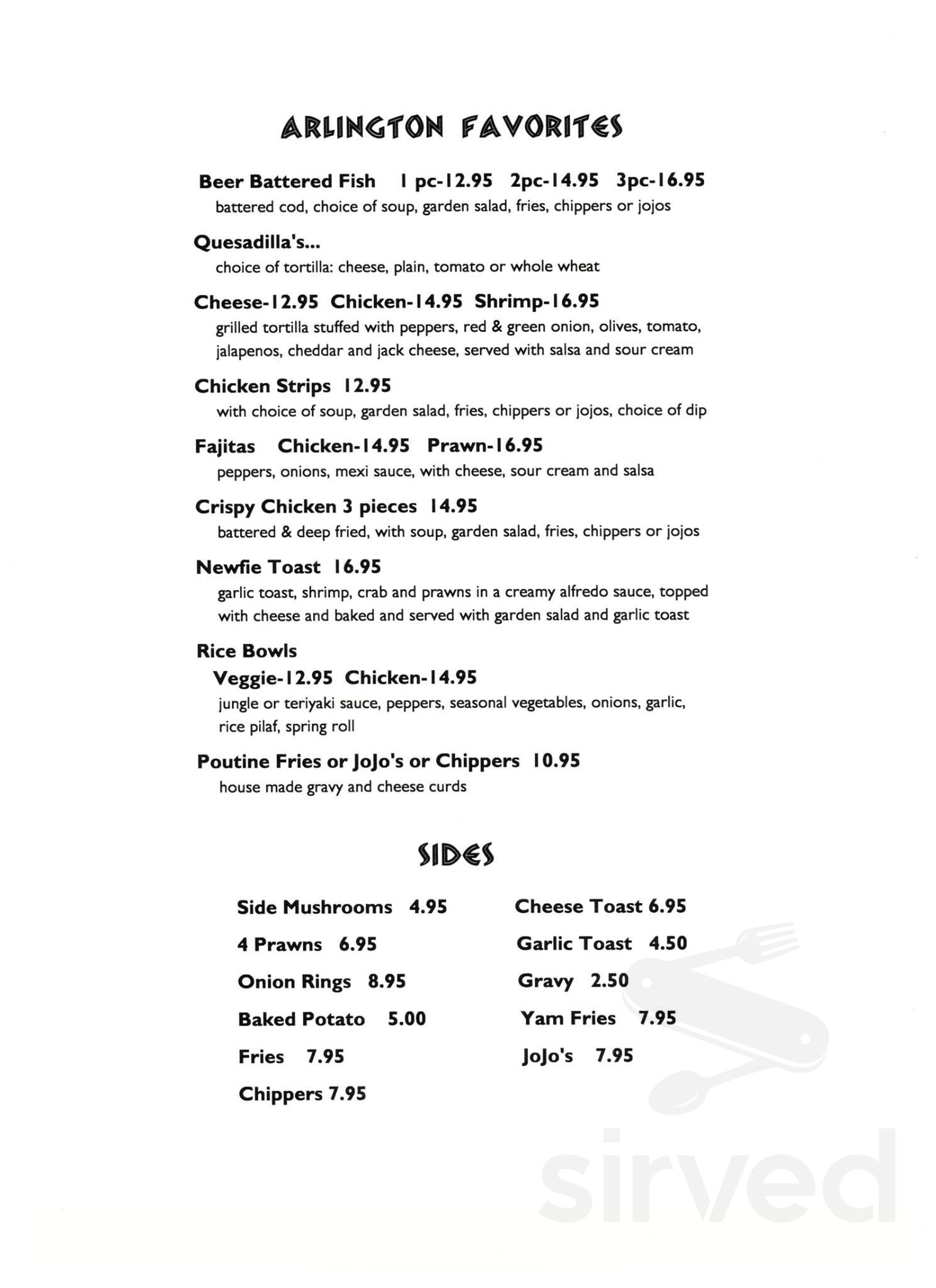 Arlington Bar & Grill & Catering menu in Trail, British Columbia, Canada