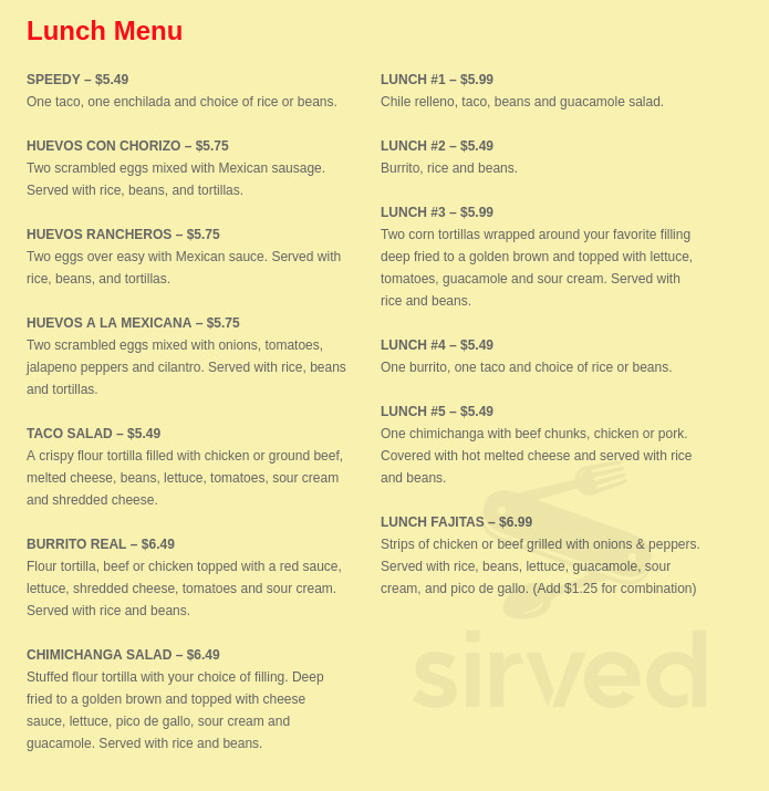Menu for El Mezcal Mexican restaurant in Hendersonville, TN | Sirved