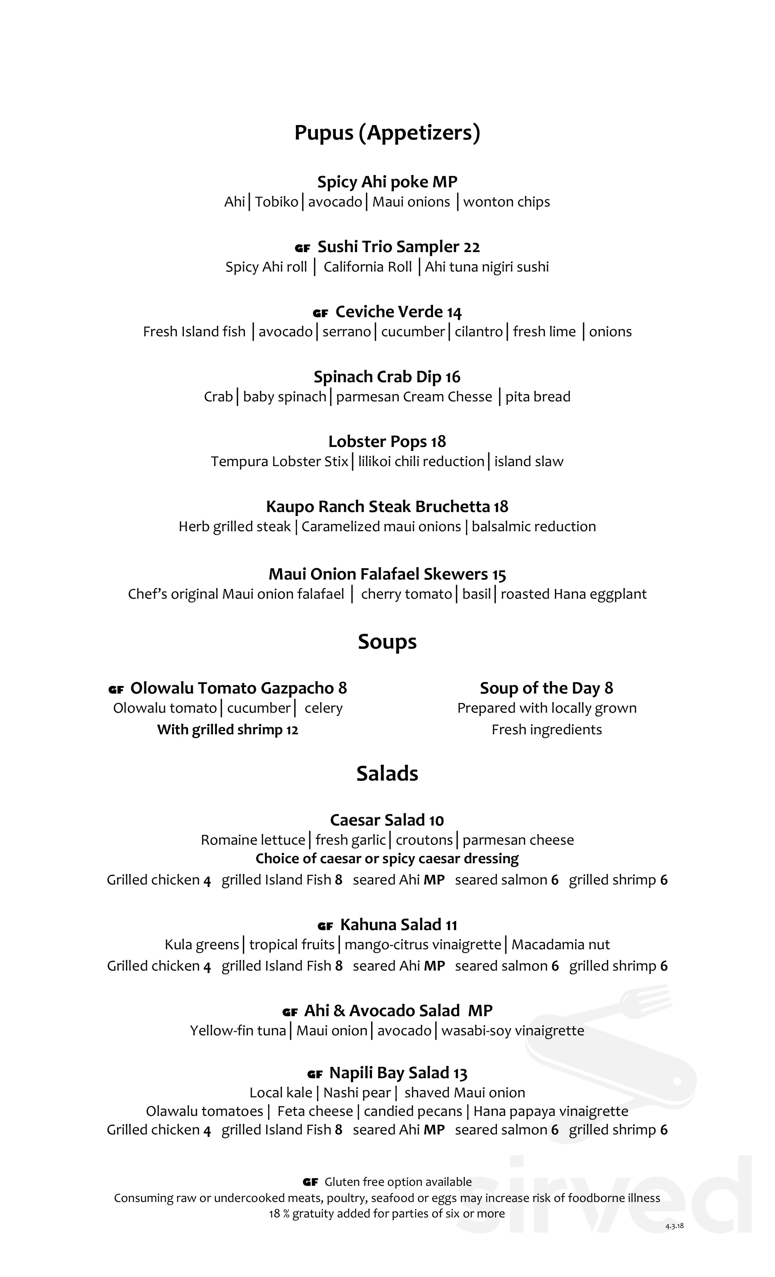 Royal Ocean Terrace Restaurant menu in Lahaina, Hawaii, USA