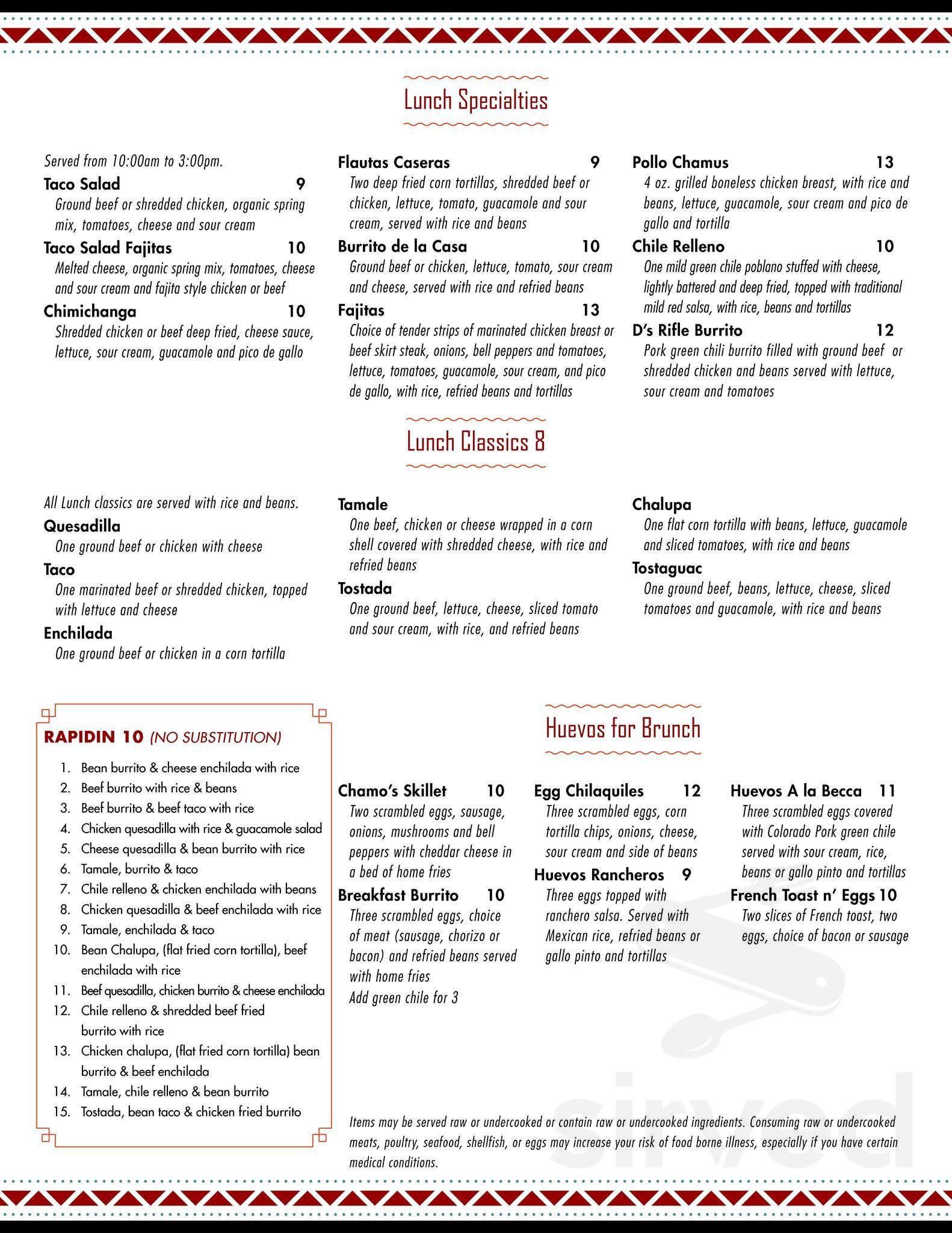 chamo's menu in Rifle, Colorado, USA