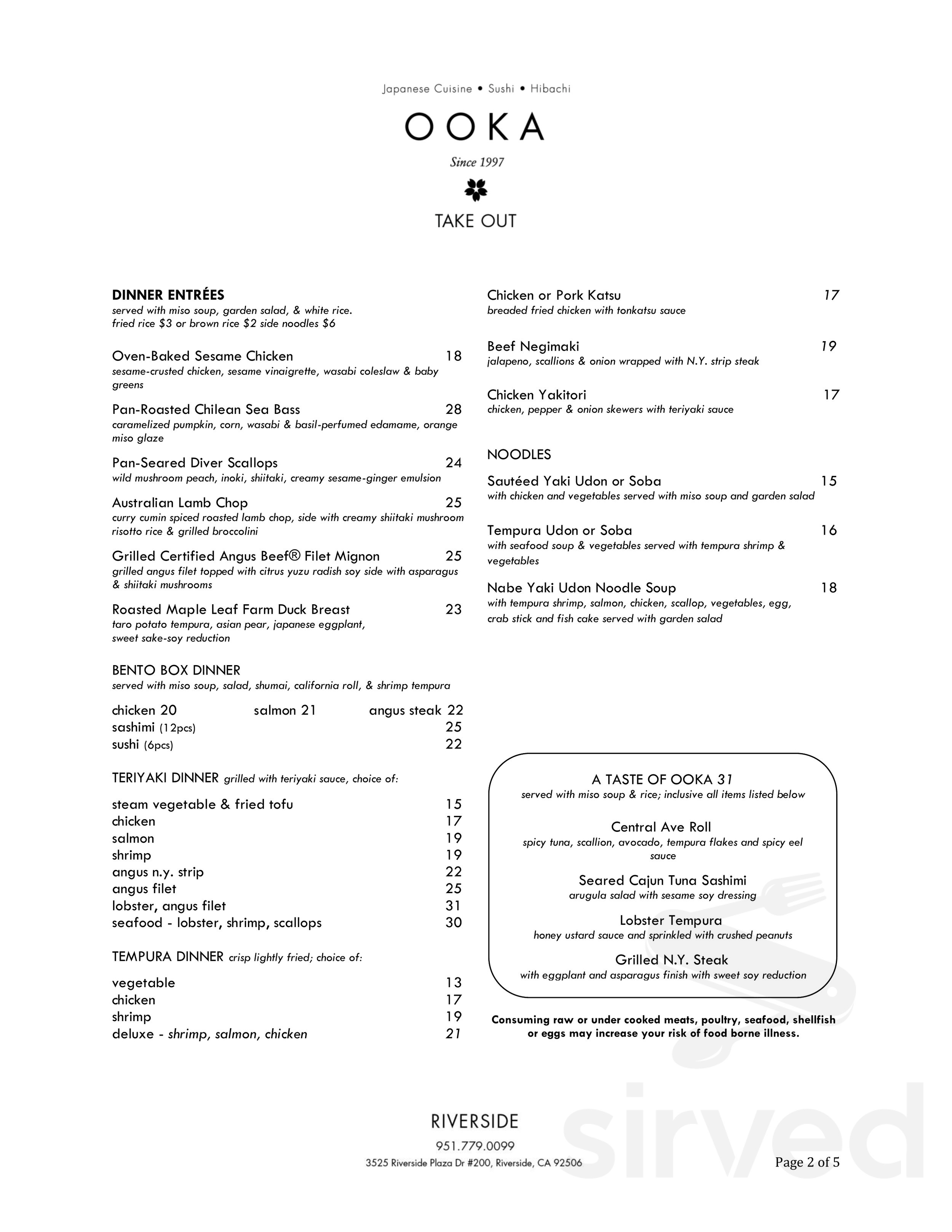 Menu Doylestown PA s Ooka Sushi hibachi steak House Sirved