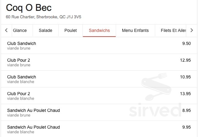 Menu - Sherbrooke QC's Coq o bec | Sirved
