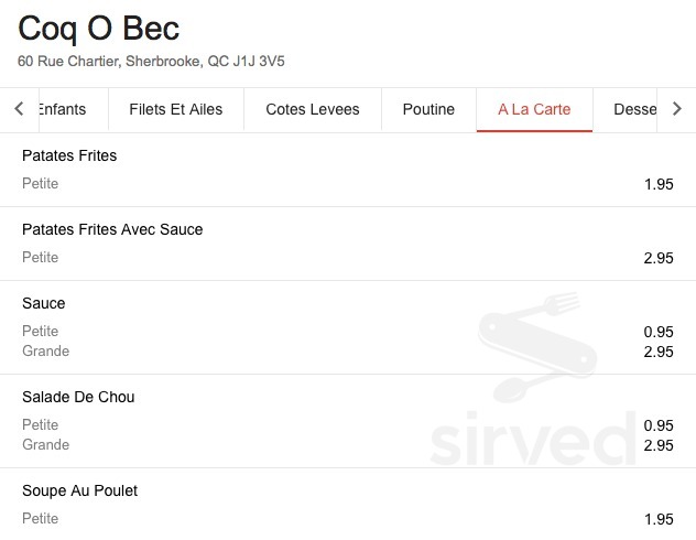 Menu - Sherbrooke QC's Coq o bec | Sirved
