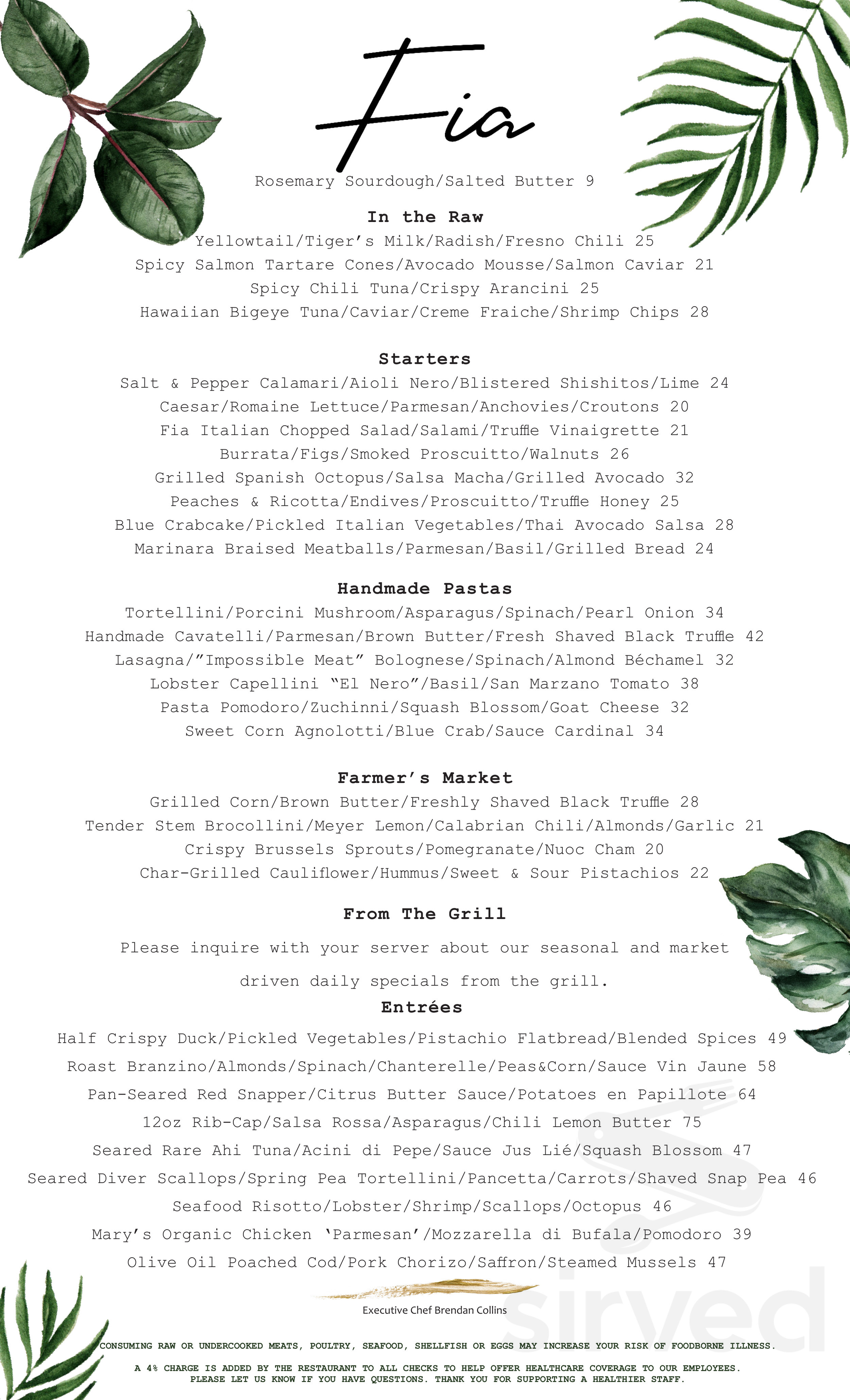 Fia Restaurant menu in Santa Monica, California, USA