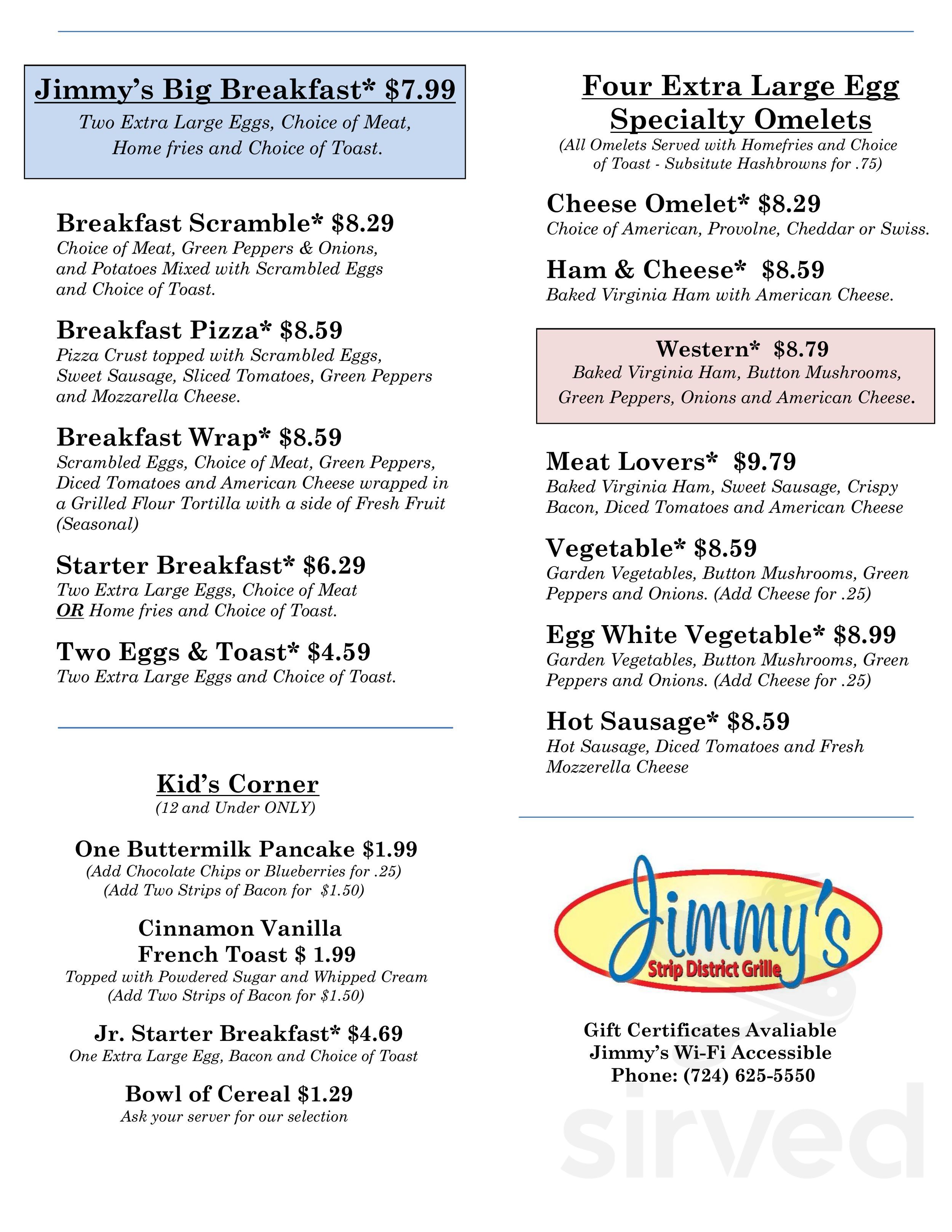 Jimmy's Strip District Grille menu in Mars, Pennsylvania, USA