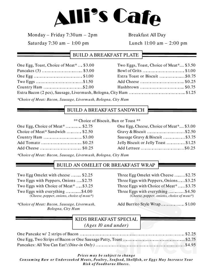 Menu for Alli's Cafe in Shelby, NC | Sirved