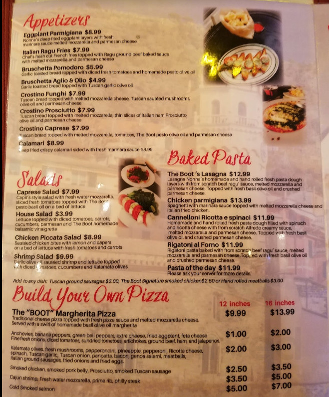 The Boot Pizzeria menu in Huntsville, Alabama, USA